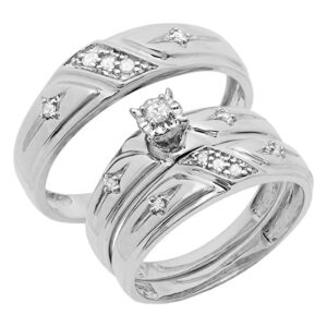 dazzlingrock collection 0.20 carat round white diamond cross matching trio ring set for him & her in 10k white gold, women size 6.5 and men size 10.5