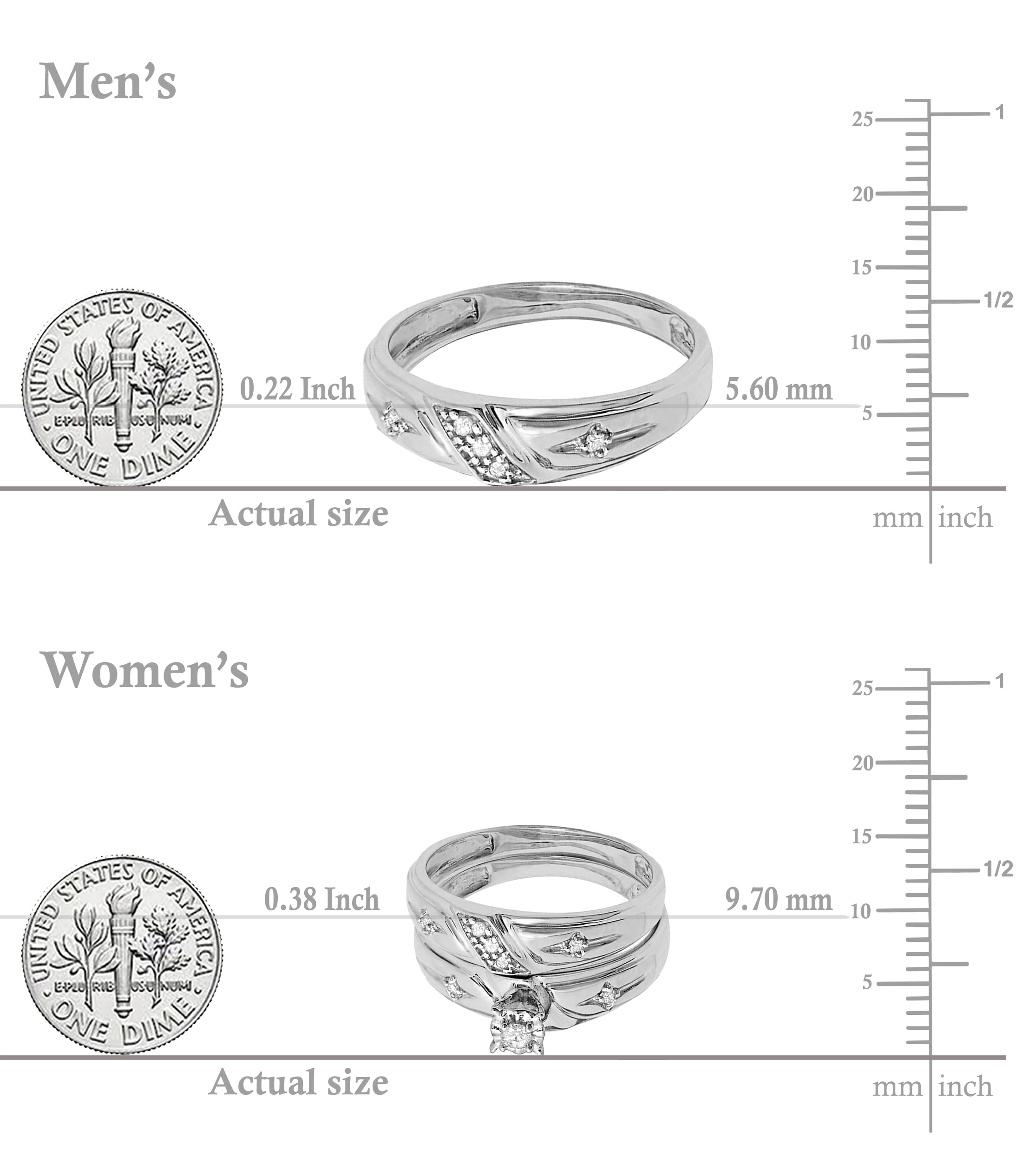 Dazzlingrock Collection 0.20 Carat Round White Diamond Cross Matching Trio Ring Set for Him & Her in 10K White Gold, Women Size 6.5 and Men Size 10.5