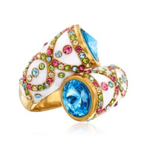 Ross-Simons Multicolored Crystal and Blue Crystal Ring With White Enamel in 18kt Gold Over Sterling. Size 7