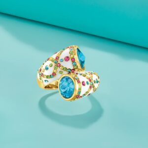 Ross-Simons Multicolored Crystal and Blue Crystal Ring With White Enamel in 18kt Gold Over Sterling. Size 7