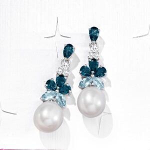 Ross-Simons 8.5-9mm Cultured Pearl and 2.30 ct. t.w. Blue and White Topaz Drop Earrings in Sterling Silver