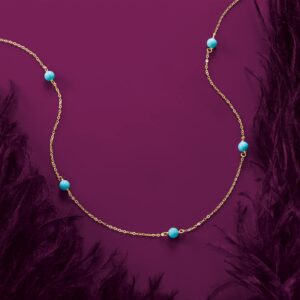 Ross-Simons Italian 4mm Turquoise Bead Station Necklace in 14kt Yellow Gold. 16 inches