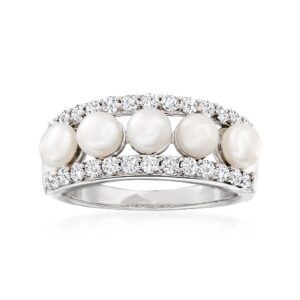 ross-simons 4.5mm cultured pearl and .70 ct. t.w. white topaz ring in sterling silver. size 7