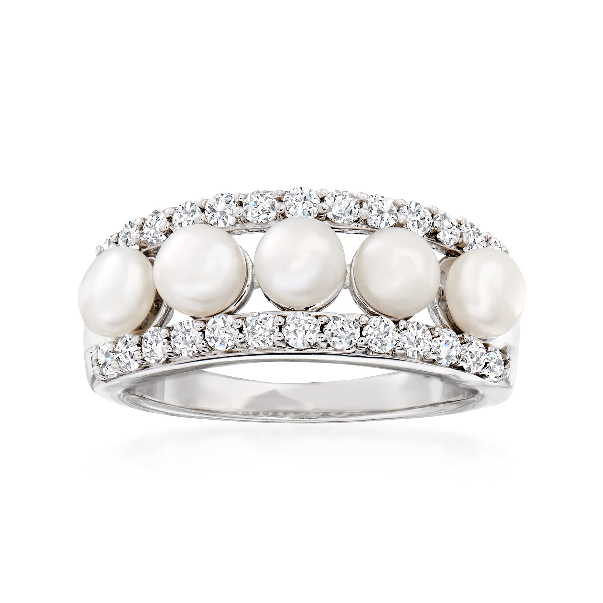 Ross-Simons 4.5mm Cultured Pearl and .70 ct. t.w. White Topaz Ring in Sterling Silver. Size 7