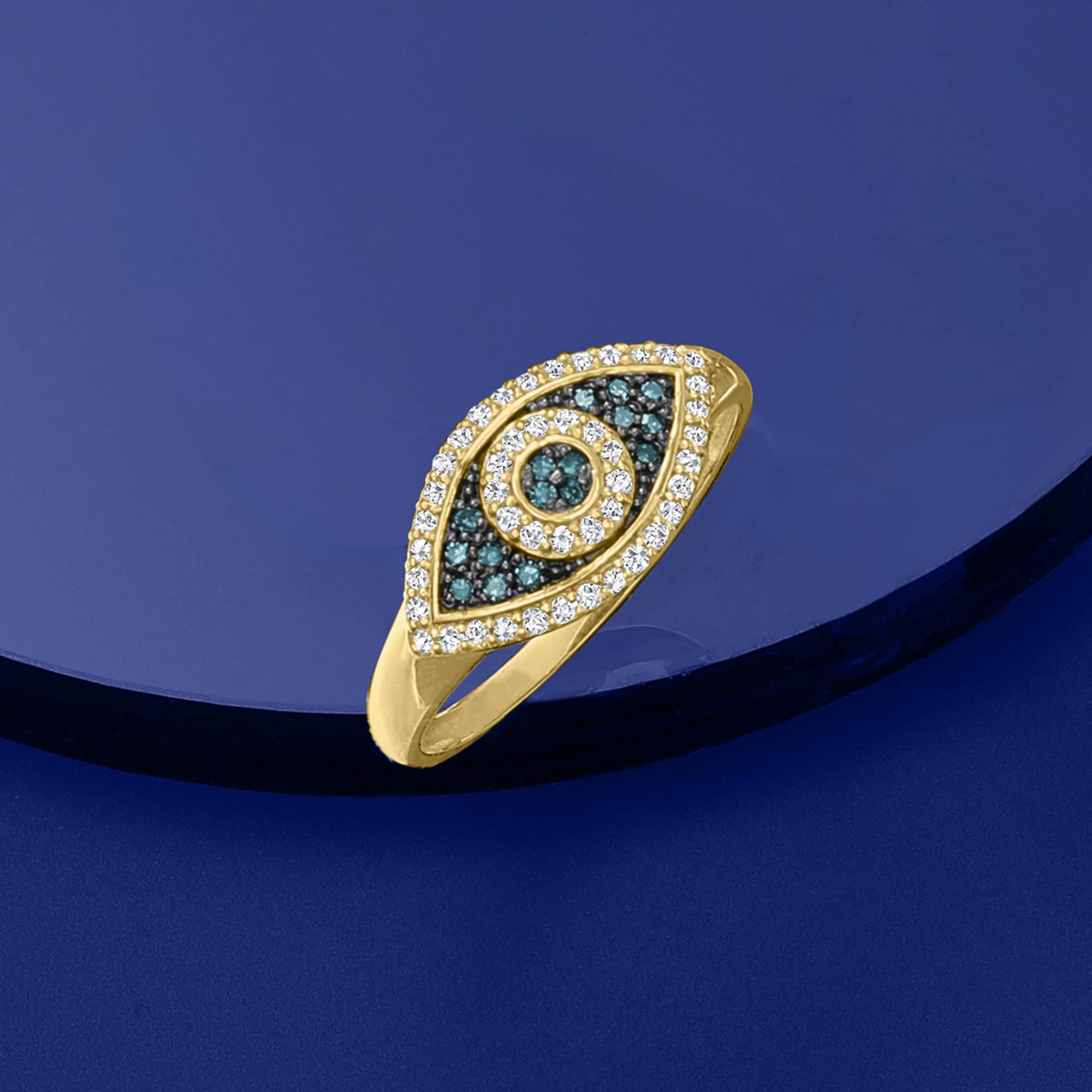 Ross-Simons 0.30 ct. t.w. Blue and White Diamond Evil Eye Ring in 14kt Yellow Gold. Size 8