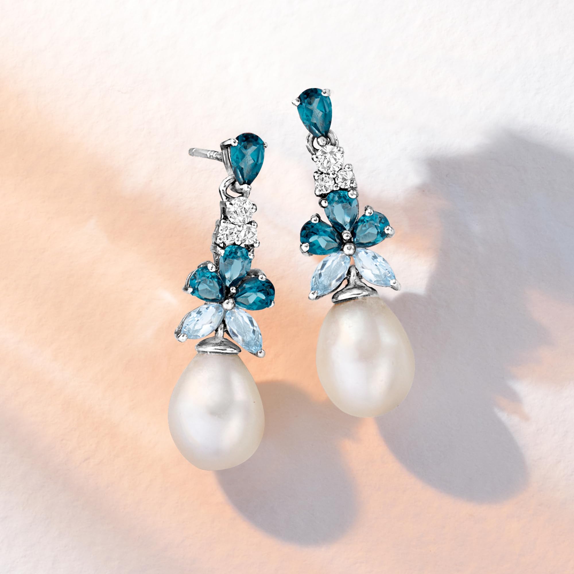 Ross-Simons 8.5-9mm Cultured Pearl and 2.30 ct. t.w. Blue and White Topaz Drop Earrings in Sterling Silver