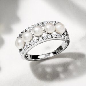 Ross-Simons 4.5mm Cultured Pearl and .70 ct. t.w. White Topaz Ring in Sterling Silver. Size 7