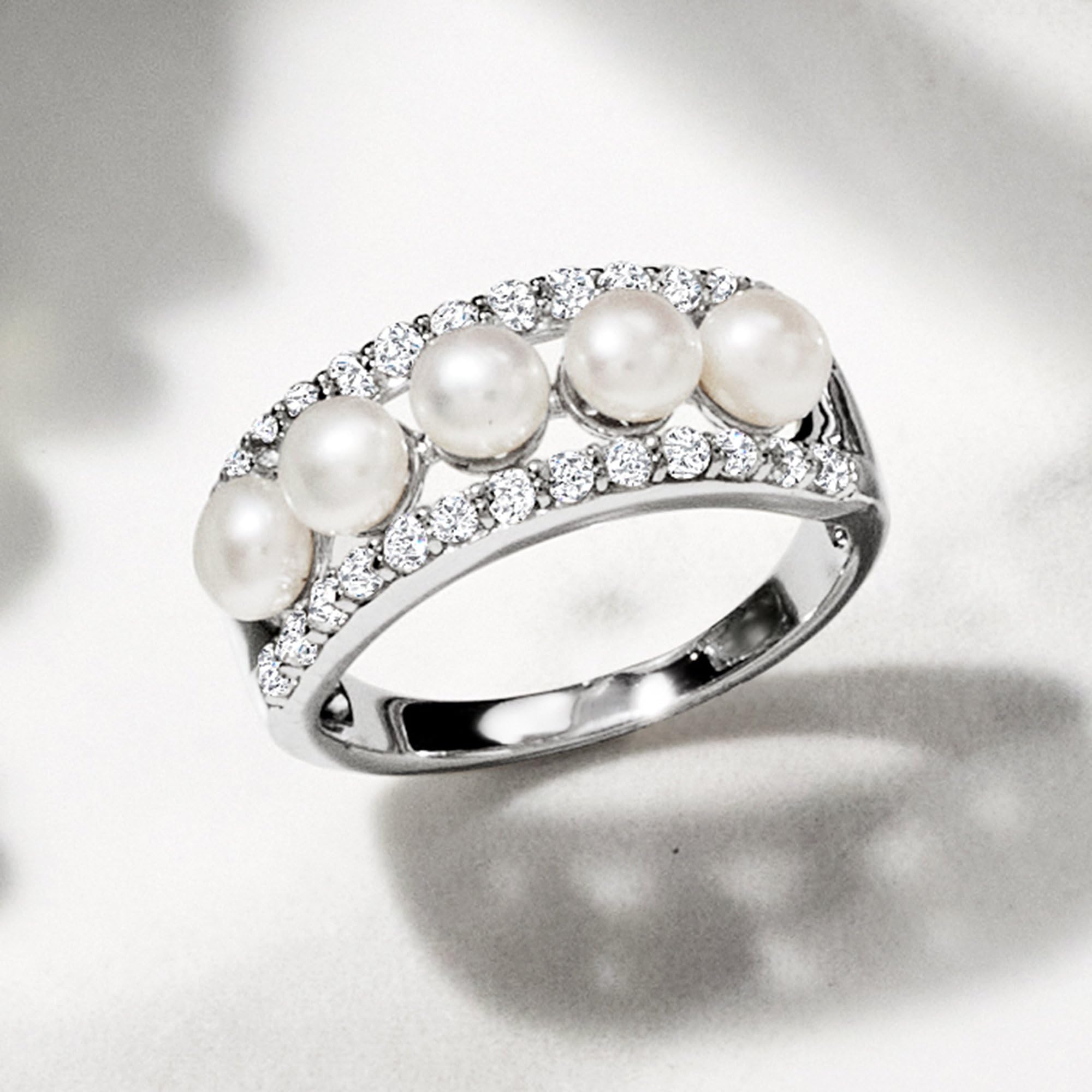 Ross-Simons 4.5mm Cultured Pearl and .70 ct. t.w. White Topaz Ring in Sterling Silver. Size 7