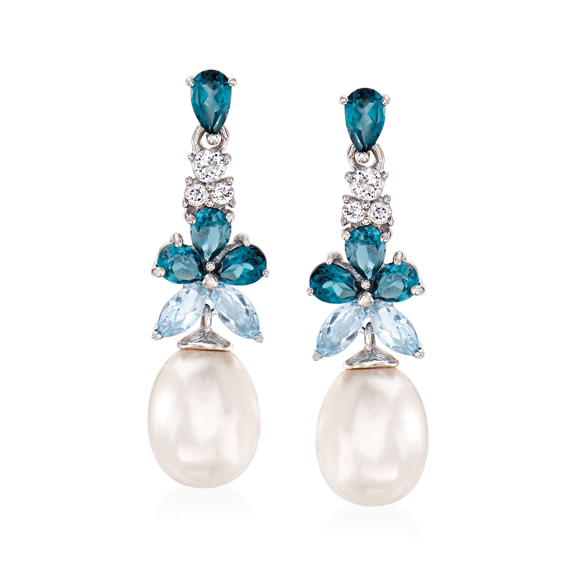 Ross-Simons 8.5-9mm Cultured Pearl and 2.30 ct. t.w. Blue and White Topaz Drop Earrings in Sterling Silver