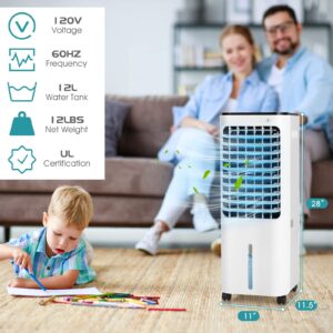 costway evaporative cooler, include remote control, 4 ice packs, bladeless fan with 4 wind modes, 3 speeds, 7.5h timer, 12l water tank, led display, portable air cooler for indoor use, bedroom, white