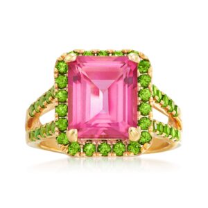 ross-simons 5.00 carat pink topaz and 1.00 ct. t.w. chrome diopside ring in 18kt gold over sterling. size 10