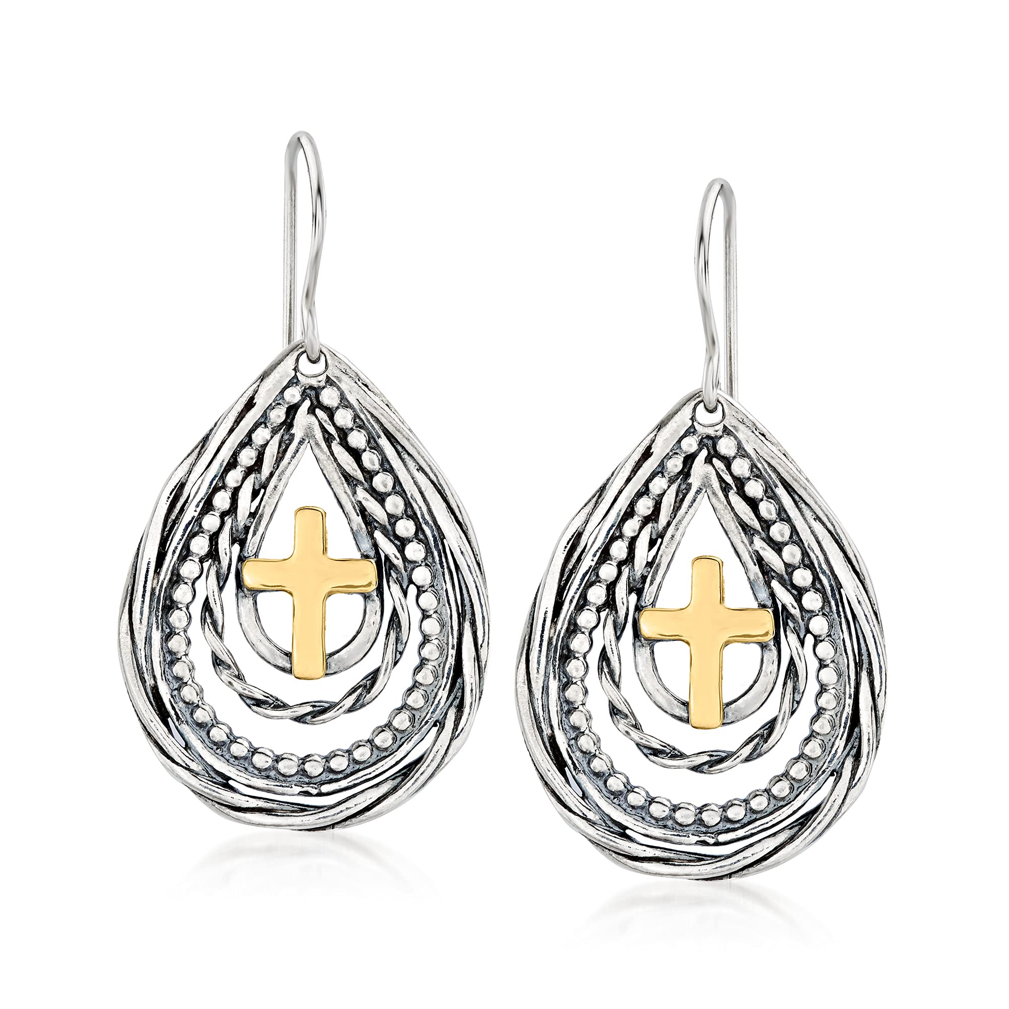 Ross-Simons Sterling Silver and 14kt Yellow Gold Cross Teardrop Earrings