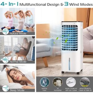 COSTWAY Evaporative Cooler, Include Remote Control, 4 Ice Packs, Bladeless Fan with 4 Wind Modes, 3 Speeds, 7.5H Timer, 12L Water Tank, LED Display, Portable Air Cooler for Indoor Use, Bedroom, White