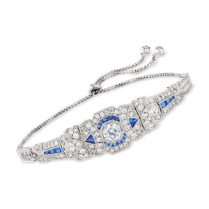 ross-simons 2.70 ct. t.w. cz and .40 ct. t.w. simulated sapphire bolo bracelet in sterling silver