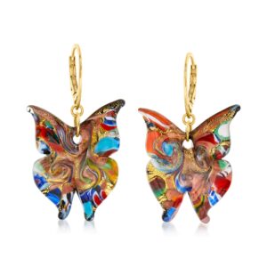 ross-simons italian multicolored murano glass butterfly drop earrings with 18kt gold over sterling