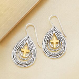 Ross-Simons Sterling Silver and 14kt Yellow Gold Cross Teardrop Earrings