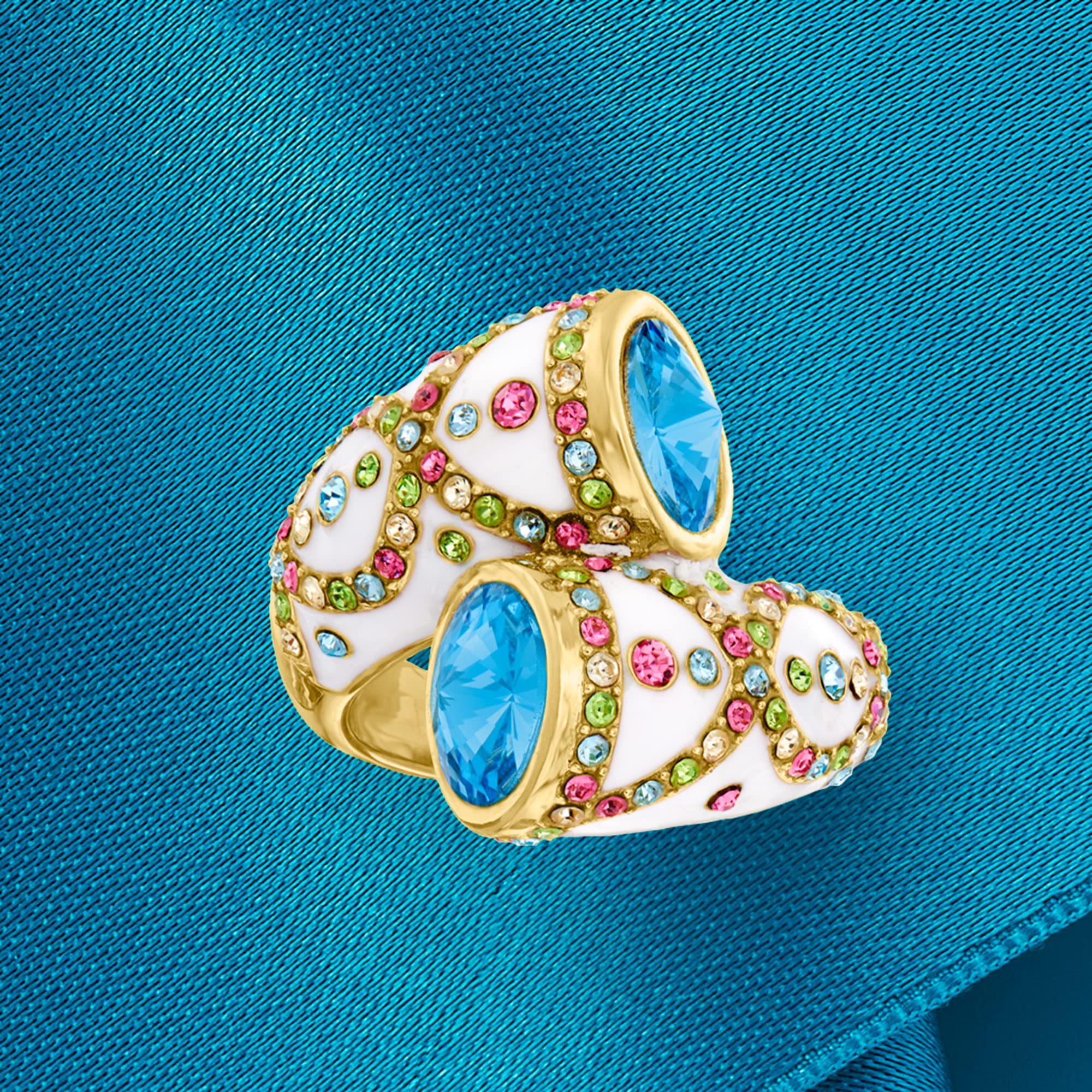 Ross-Simons Multicolored Crystal and Blue Crystal Ring With White Enamel in 18kt Gold Over Sterling. Size 7