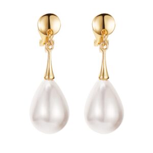 big teardrop pearl pendant clip earrings drop clip-on earrings for women gold plated white imitation pearl non-pierced earrings