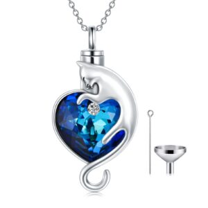 cat urn necklace for ashes sterling silver my angel cat animal cremation keepsake memorial jewelry for ashes with blue heart crystal from austria