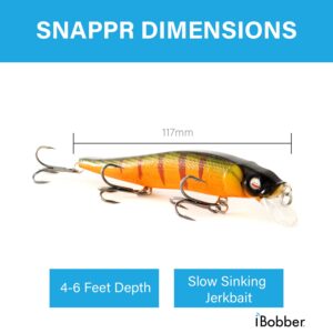 iBobber Snappr Natural Robotic Swimming Fishing Lure, Mega 117mm, Rechargeable LED Light, 4-6Ft Depth Slow Sinking Jerkbait for Bass, ReelSonar (Radioactive)