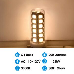 Dimmable G4 LED Light Bulbs, G4 Bi-Pin Base Lamps AC120V(Do Not Fit 12V Low Voltage) 2.5W(25W Equivalent) 260 Lumen Warm White 3000K for Home Lighting Landscape Light Ceiling Lights Chandelier, 6-Pack