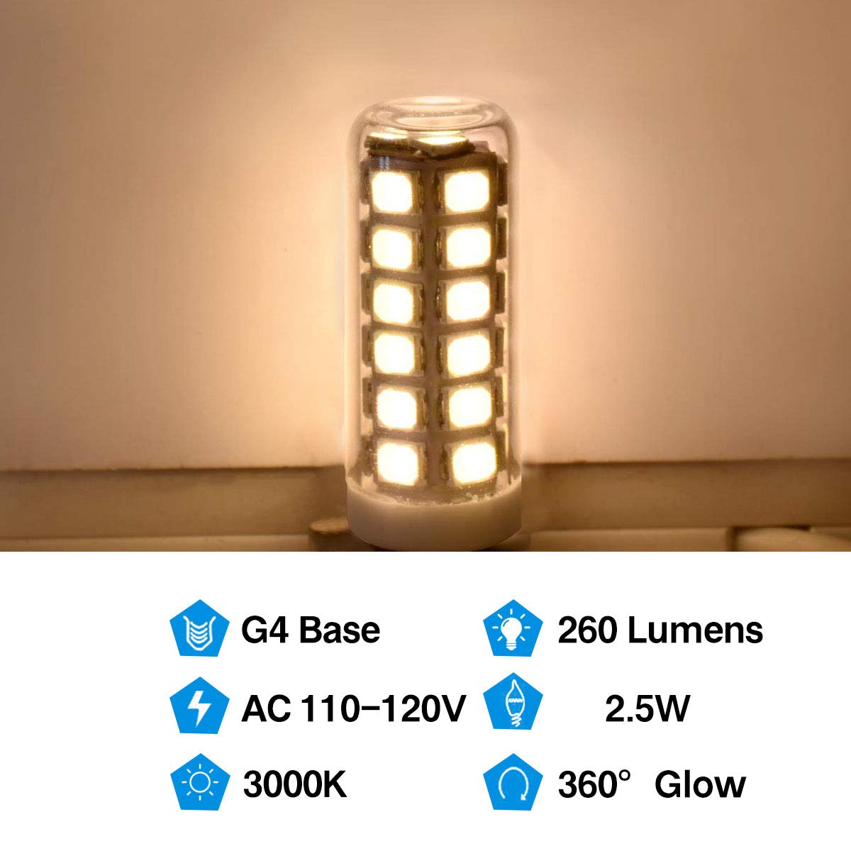 Dimmable G4 LED Light Bulbs, G4 Bi-Pin Base Lamps AC120V(Do Not Fit 12V Low Voltage) 2.5W(25W Equivalent) 260 Lumen Warm White 3000K for Home Lighting Landscape Light Ceiling Lights Chandelier, 6-Pack