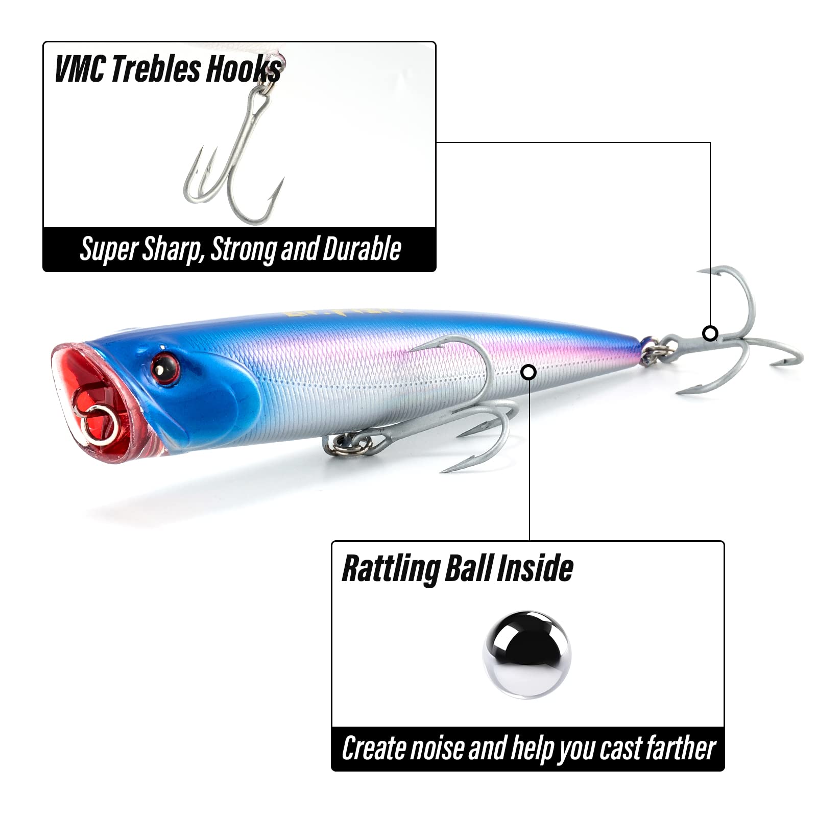 Dr.Fish Topwater Popper Saltwater Fishing Lures, 5-1/2 Inches GT Popper VMC Treble Hooks Surf Fishing Lures for Striper Pike Salmon Lures Bass Popper Fishing Plugs Offshore Blue/Purple