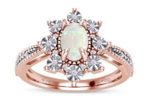 gemvio collection 1/2 ct 6x4mm oval cut natural white opal gemstone with diamond sunburst frame vintage-style halo ring in 14k rose gold over sterling silver engagement wedding ring(0.50cttw)-8