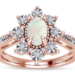 GEMVIO Collection 1/2 CT 6X4MM Oval Cut Natural White Opal Gemstone With Diamond Sunburst Frame Vintage-Style Halo Ring In 14K Rose Gold Over Sterling Silver Engagement Wedding Ring(0.50Cttw)-8