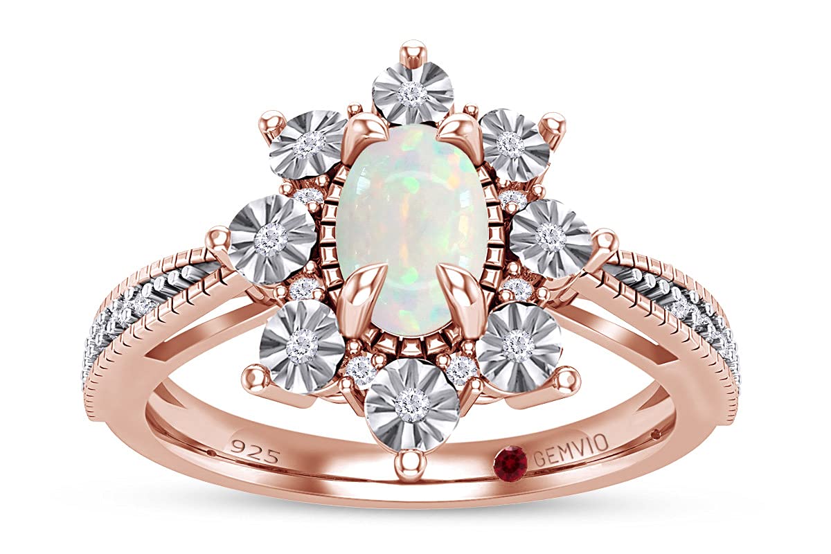 GEMVIO Collection 1/2 CT 6X4MM Oval Cut Natural White Opal Gemstone With Diamond Sunburst Frame Vintage-Style Halo Ring In 14K Rose Gold Over Sterling Silver Engagement Wedding Ring(0.50Cttw)-8