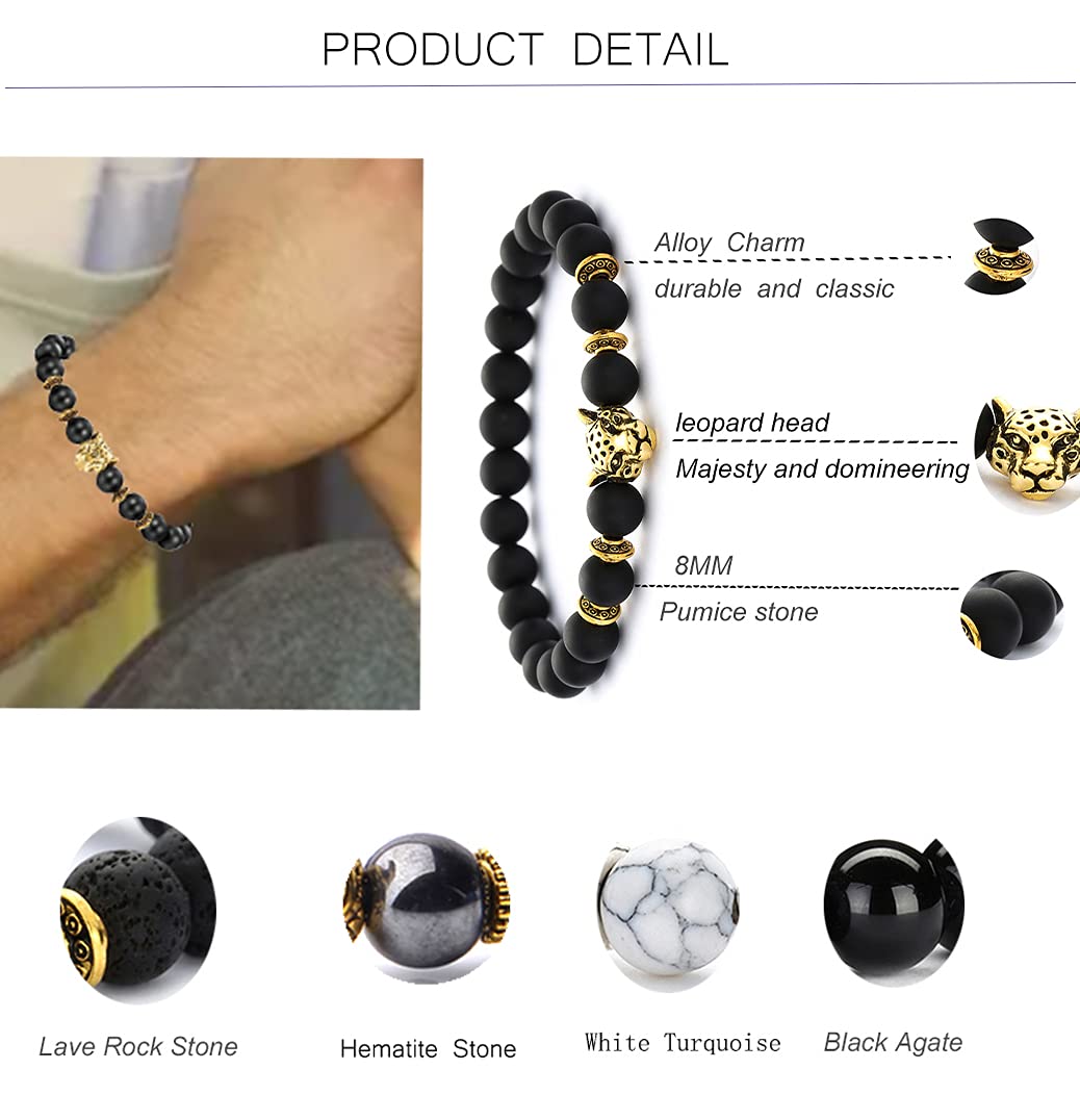 CASDAN 12Pcs 8MM Lava Rock Stone Bead Bracelet for Men Women Dragon/Lion/Panther Leopard Head Bracelet Charm Bracelets Set Adjustable