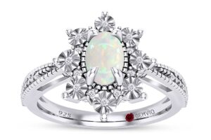 gemvio collection 1/2 ct 6x4mm oval cut natural white opal gemstone with diamond sunburst frame vintage-style halo ring in 14k white gold over sterling silver engagement wedding ring(0.50cttw)-9