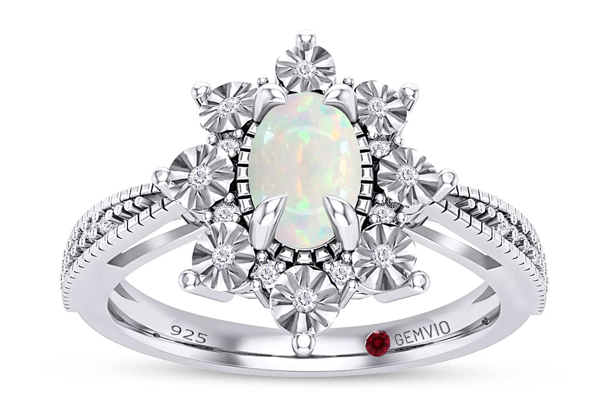 GEMVIO Collection 1/2 CT 6X4MM Oval Cut Natural White Opal Gemstone With Diamond Sunburst Frame Vintage-Style Halo Ring In 14K White Gold Over Sterling Silver Engagement Wedding Ring(0.50Cttw)-9