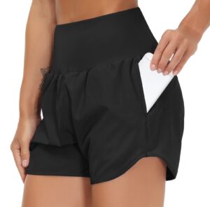 the gym people women’s high waist running shorts with liner athletic hiking workout shorts zip pockets (black, medium)