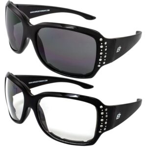 birdz eyewear ladybird women's padded motorcycle sunglasses 3 pairs rhinestone black frames (clear & smoke)