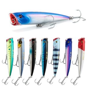 Dr.Fish Topwater Popper Saltwater Fishing Lures, 5-1/2 Inches GT Popper VMC Treble Hooks Surf Fishing Lures for Striper Pike Salmon Lures Bass Popper Fishing Plugs Offshore Blue/Purple