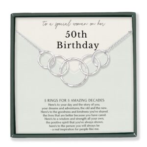 sterling silver 50th birthday necklace for women - 5 linked rings for 5 decades pendant, 50th birthday gift jewelry for her, best friend turning 50, wife gift for 50th birthday celebrations