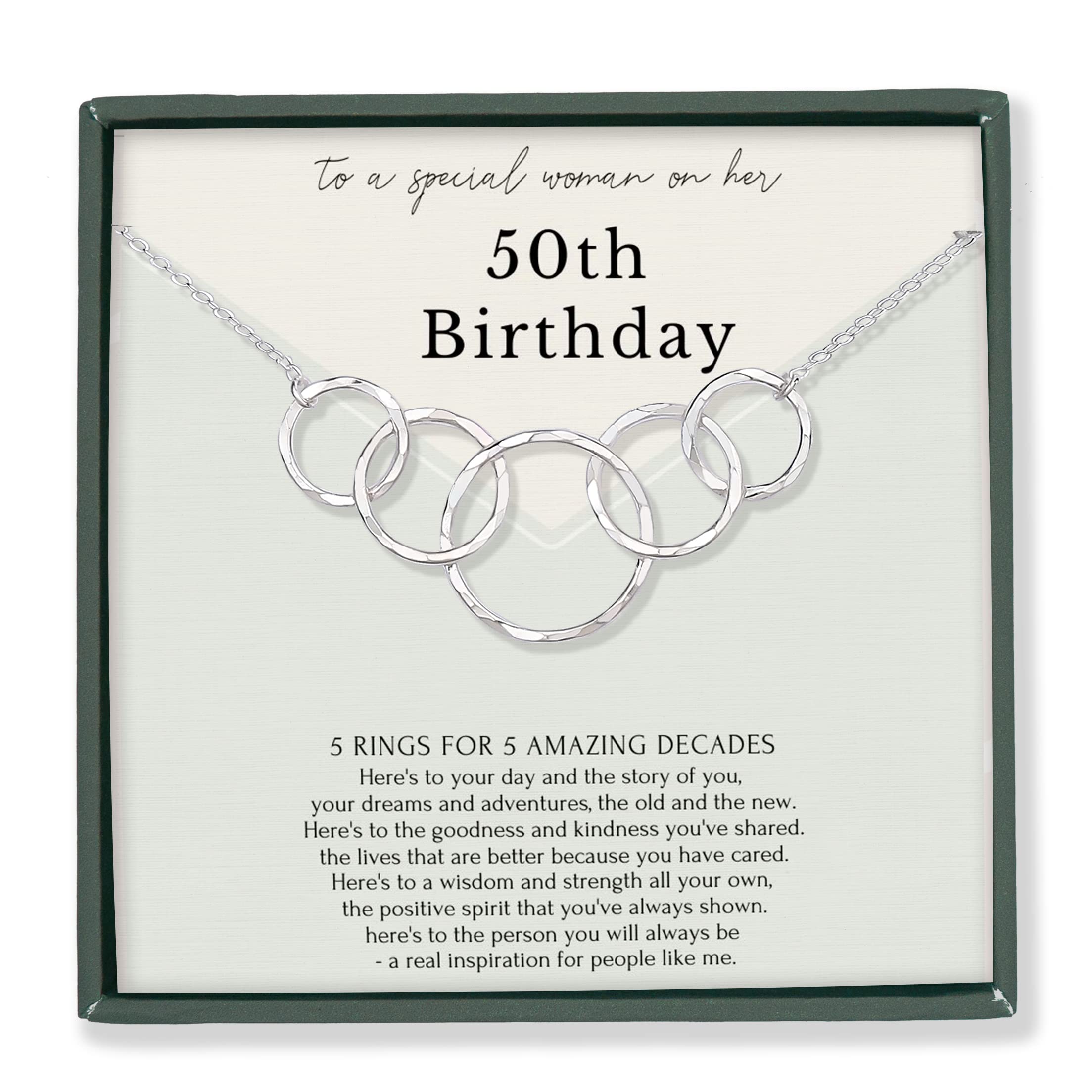 Sterling Silver 50th Birthday Necklace for Women - 5 Linked Rings for 5 Decades Pendant, 50th Birthday Gift Jewelry for Her, Best Friend Turning 50, Wife gift for 50th Birthday Celebrations