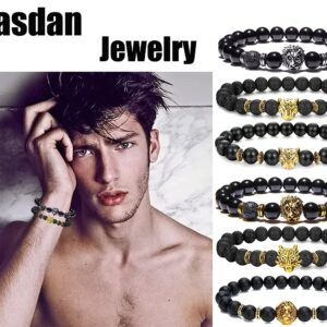 CASDAN 12Pcs 8MM Lava Rock Stone Bead Bracelet for Men Women Dragon/Lion/Panther Leopard Head Bracelet Charm Bracelets Set Adjustable