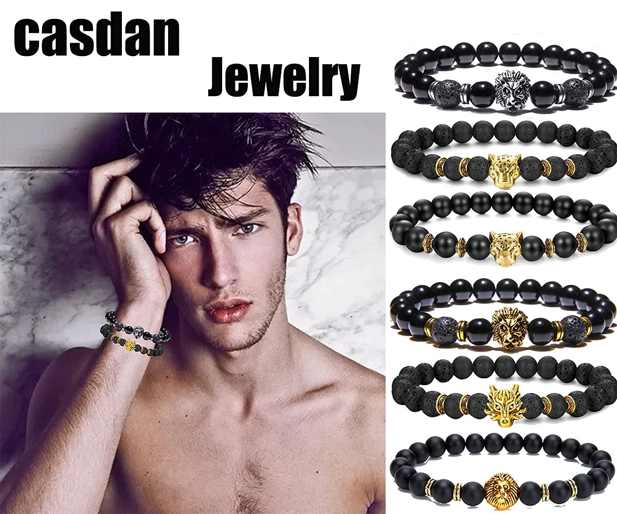 CASDAN 12Pcs 8MM Lava Rock Stone Bead Bracelet for Men Women Dragon/Lion/Panther Leopard Head Bracelet Charm Bracelets Set Adjustable