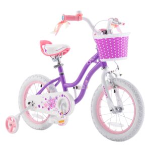 royalbaby stargirl 14 inch kids outdoor bicycle with accessory basket, bell, thick wheels, and safety training wheels for ages 3-5, purple