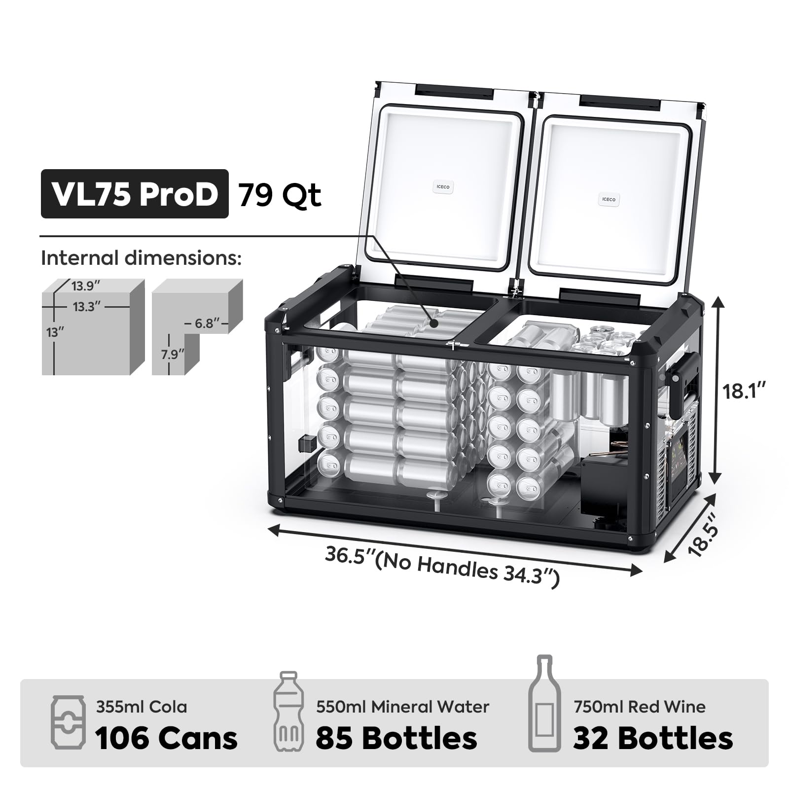 ICECO VL75 Pro 79.2 Quarts Dual Zone Portable Refrigerator with SECOP Compressor, Multi-directional Lid, Dual USB & DC 12/24V, AC 110-240V | Compact Refrigerator | For Car, Home, RV | With EC Cord