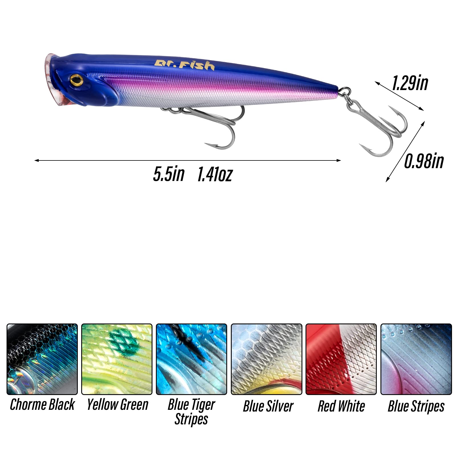 Dr.Fish Topwater Popper Saltwater Fishing Lures, 5-1/2 Inches GT Popper VMC Treble Hooks Surf Fishing Lures for Striper Pike Salmon Lures Bass Popper Fishing Plugs Offshore Blue/Purple