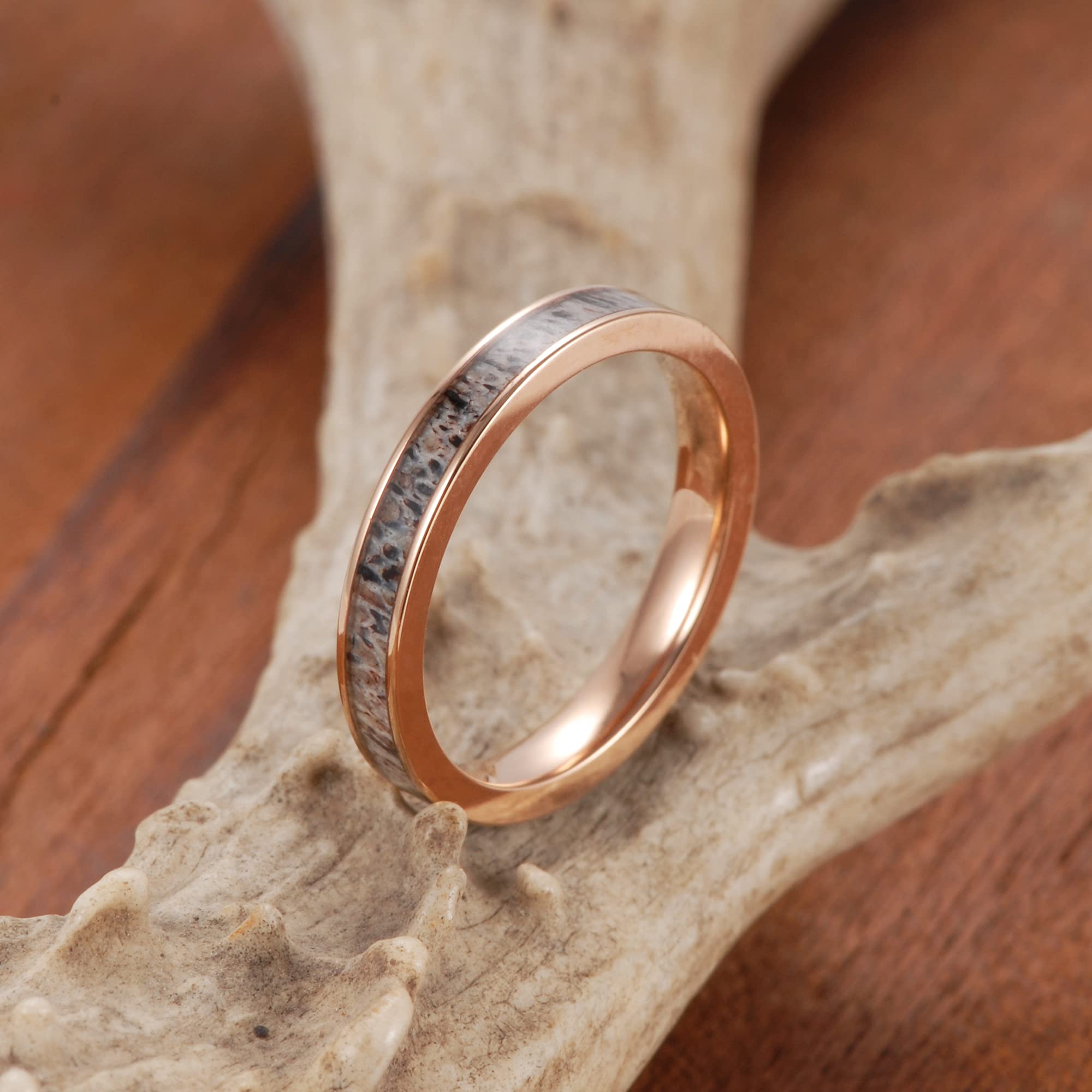 SHARDON Women's 3mm Rose Gold Titanium Ring with Real Antler Inlaid Wedding Bands (6)