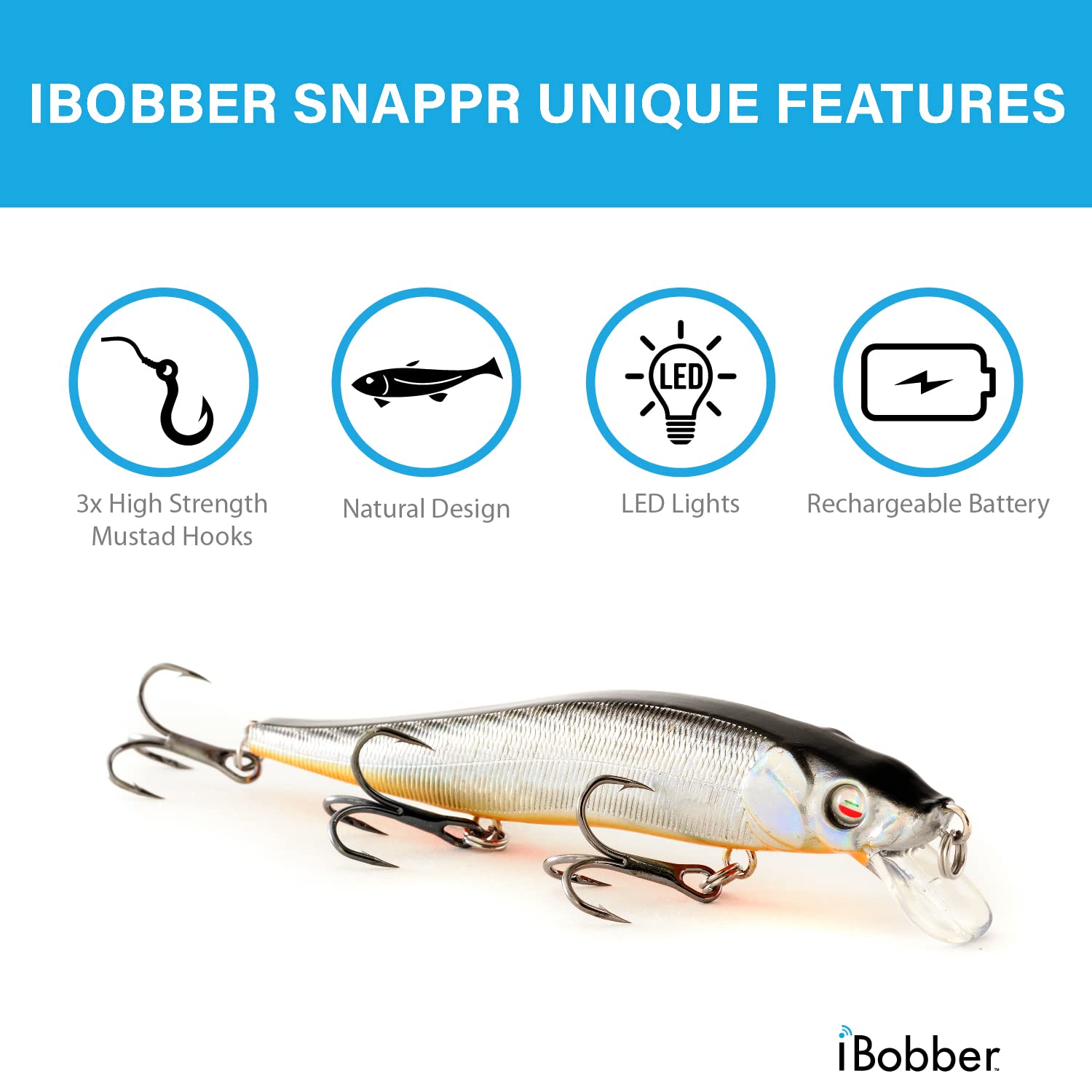 iBobber Snappr Natural Robotic Swimming Fishing Lure, Mega 117mm, Rechargeable LED Light, 4-6Ft Depth Slow Sinking Jerkbait for Bass, ReelSonar (Radioactive)