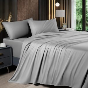 shilucheng 4-piece king size sheets set，blend of rayon derived from bamboo_sheets，cooling & breathable bed sheets, silky bedding sheets & pillowcases, 16 inch deep pockets (king,grey)