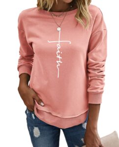 mansy womens cross letter printed crewneck sweatshirts casual funny graphic side split pullover shirts tops (pink, xx-large)