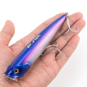 Dr.Fish Topwater Popper Saltwater Fishing Lures, 5-1/2 Inches GT Popper VMC Treble Hooks Surf Fishing Lures for Striper Pike Salmon Lures Bass Popper Fishing Plugs Offshore Blue/Purple