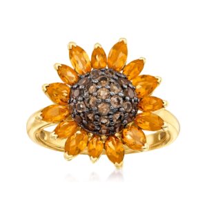 ross-simons 1.70 ct. t.w. citrine and .80 ct. t.w. smoky quartz sunflower ring in 18kt gold over sterling. size 7