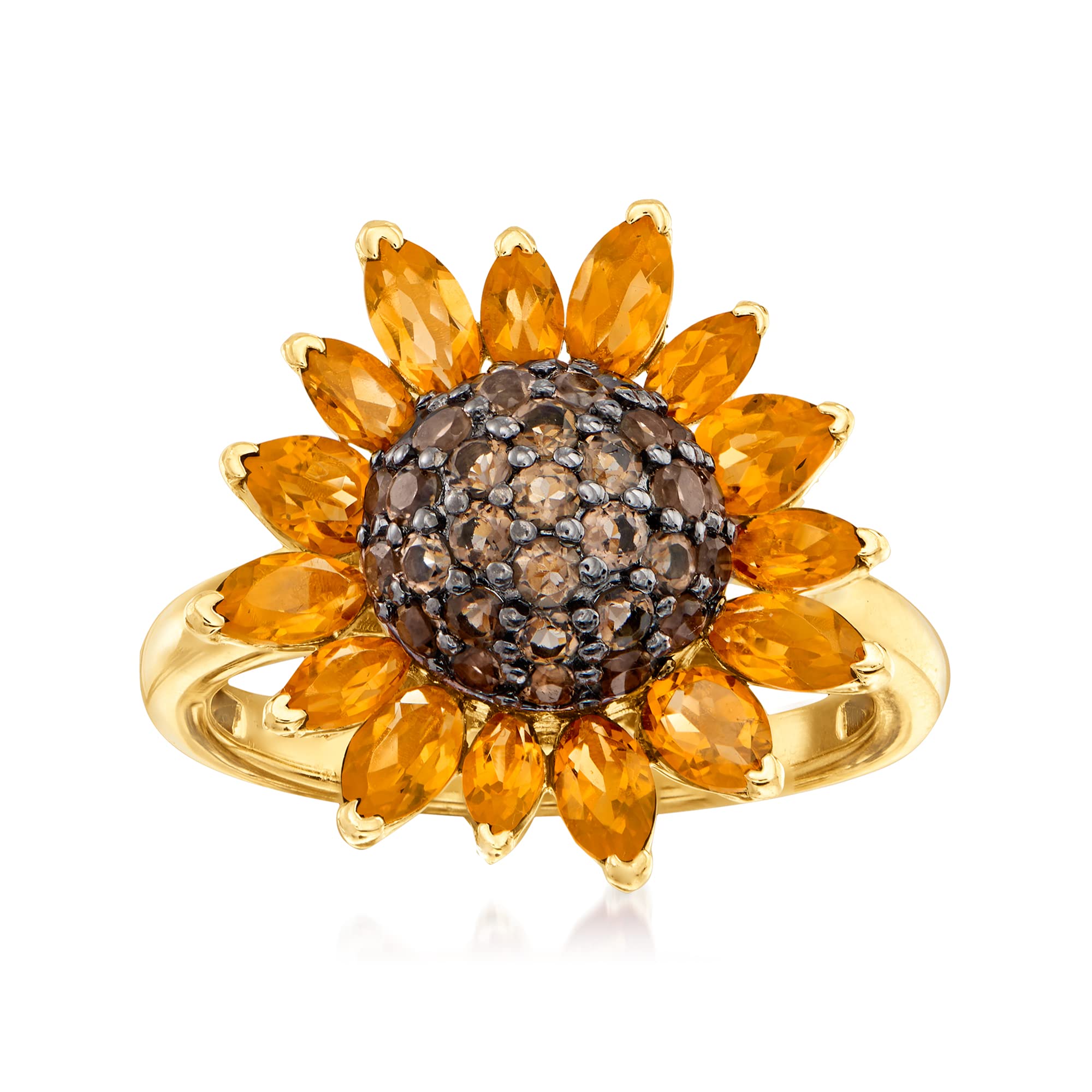 Ross-Simons 1.70 ct. t.w. Citrine and .80 ct. t.w. Smoky Quartz Sunflower Ring in 18kt Gold Over Sterling. Size 7